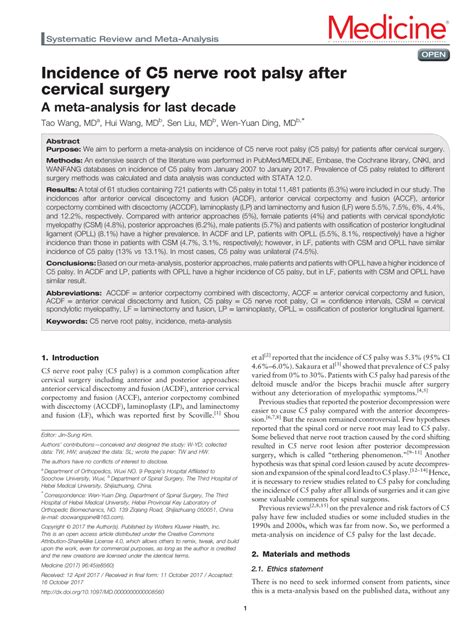 Pdf Incidence Of C5 Nerve Root Palsy After Cervical Surgery A Meta