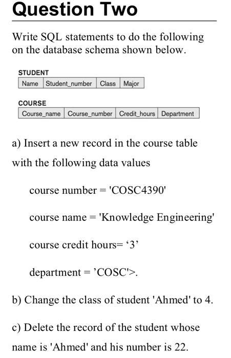 Solved Question Two Write Sql Statements To Do The Following