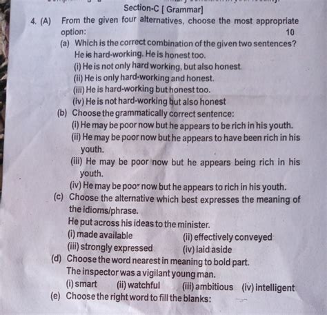 Section C Grammar From The Given Four Alternatives Choose The Most Appr
