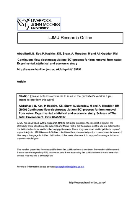 Pdf Continuous Flow Electrocoagulation Ec Process For Iron Removal From Water Experimental