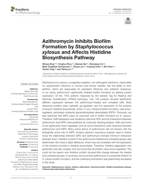 Pdf Azithromycin Inhibits Biofilm Formation By Staphylococcus Xylosus And Affects Histidine