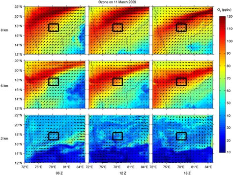 Wrf Chem Winds Are Plotted Overlaid On O 3 Ppbv At 2 6 And 8 Km Download Scientific Diagram