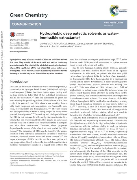 Pdf Hydrophobic Deep Eutectic Solvents Water Immiscible Extractants