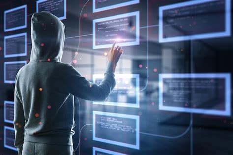 Premium Photo Hacker Hand Pointing At Abstract Creative Coding Programming Hologram On Blurry