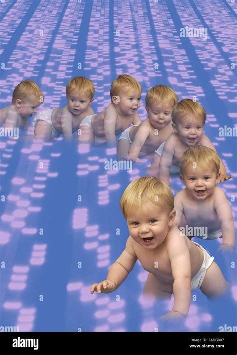 Human Cloning Conceptual Image Of Identical Cloned Babies Crawling