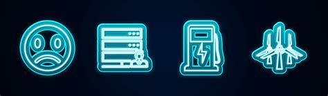 세트 라인 슬픈 미소 고객 관리 서버 전기 충전 소 및 풍력 터빈 빛나는 네온 아이콘 벡터 교통수단에 대한 스톡 벡터 아트 및