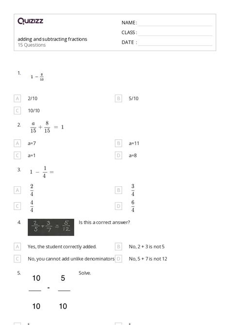 50 Adding And Subtracting Fractions Worksheets For 1st Class On Quizizz Free And Printable