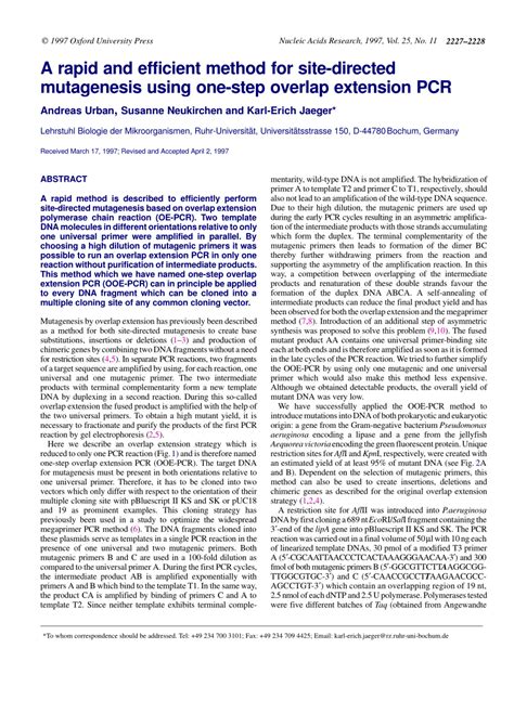 Pdf A Rapid And Efficient Method For Site Directed Mutagenesis Using