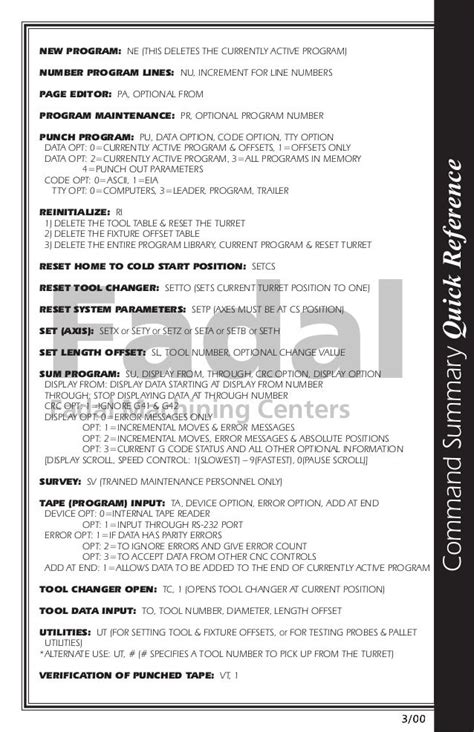 Fadal Command Summary Quick Reference Manualpdf Programming