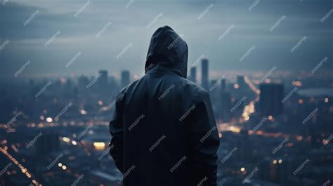 Premium Photo A Hacker In A Hooded Jacket Standing In Front Of A Cityscape Generative Ai