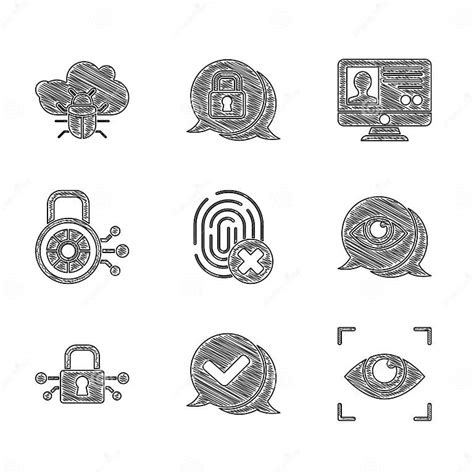 Set Cancelled Fingerprint Check Mark Speech Bubble Eye Scan Cyber