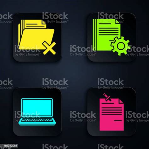 고정된 푸시 버튼으로 메모 용지 폴더 삭제 노트북 및 문서 설정을 기어로 설정합니다 검은색 사각형 버튼입니다 벡터 0명에 대한 스톡 벡터 아트 및 기타 이미지 Istock