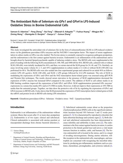 The Antioxidant Role Of Selenium Via Gpx1 And Gpx4 In Lps Induced Oxidative Stress In Bovine