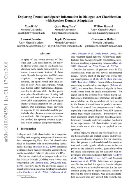 Pdf Exploring Textual And Speech Information In Dialogue Act Classification With Speaker