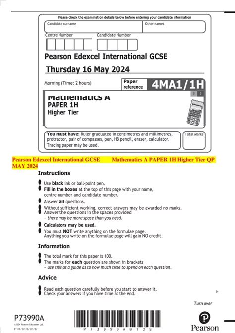 Pearson Edexcel International Gcse Mathematics A Paper 1h Higher Tier