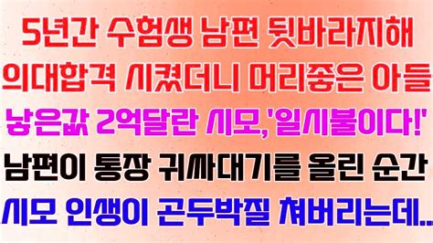 반전 신청사연 5년간 수험생남편 뒷바라지해 의대합격 시키니 머리좋은 아들낳은값 2억달란 시모남편이 통장을 내밀자 시모인생 곤두박질치는데라디오드라마사연실화사연의