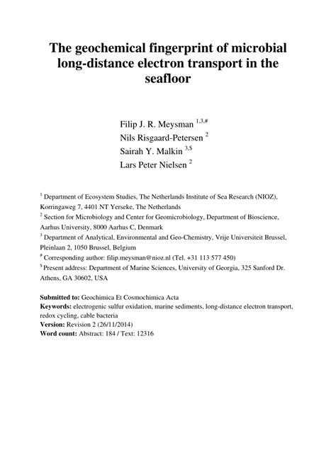 Pdf The Geochemical Fingerprint Of Microbial Long Distance Electron Transport In The Seafloor