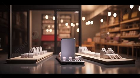 매장 테이블에 놓인 스마트폰 상점 가게의 3d 렌더링 앞 그리고 스마트폰의 코인 웹 사이트 또는 모바일 응용 프로그램