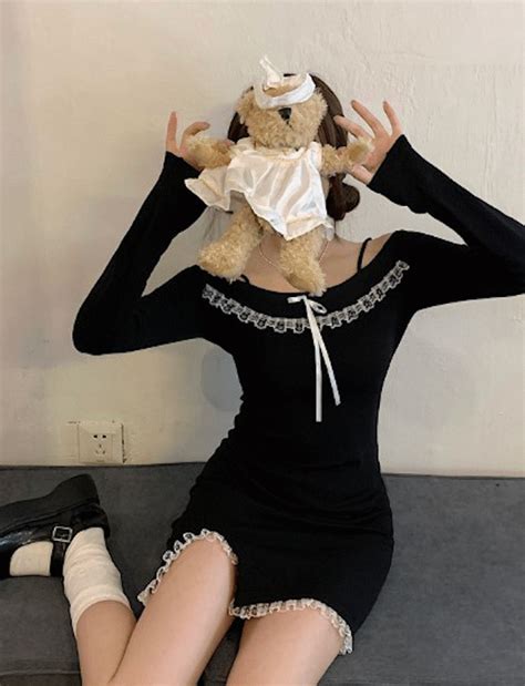 레드베리 20대원피스신상 오프숄더 검정 나시 미니원피스 리본 레이스 섹시드레스 H라인 슬릿 옆트임 스커트 골지니트 슬림핏 데이트룩 파티룩 클럽 키치 긴팔 숏원피스