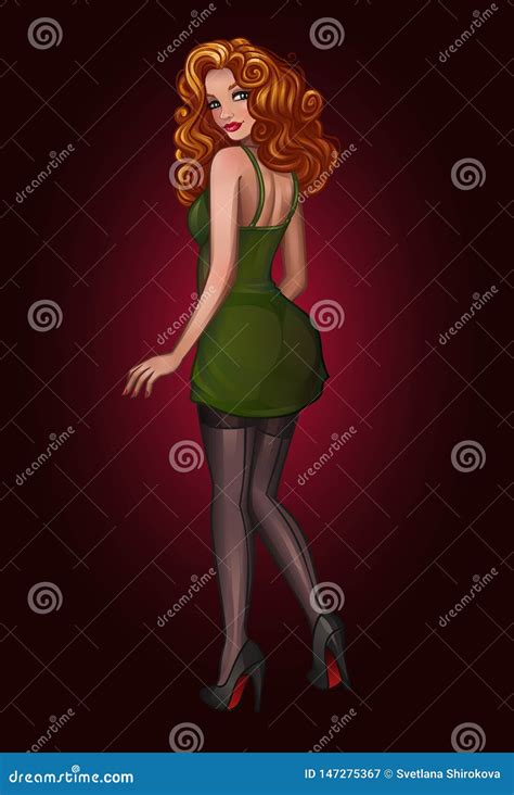 Beautiful Redhead Pin Up Girl In Green Dress Stock Vector Illustration Of Green Character