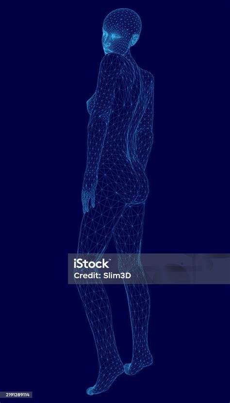 여자는 파란색 배경에 서 있습니다 이미지는 사람의 신체를 디지털 형태로 표현한 것입니다 개념에 대한 스톡 벡터 아트 및 기타 이미지 개념 경사로 표지판 과학 Istock