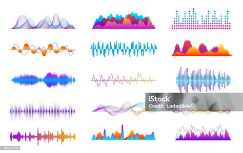 음파가 설정됩니다 음성 파도 소리 음악 충동 그래프 생생한 음악 플레이어 인터페이스 디지털 오디오 펄스 신호 파형 주파수 정확한 벡터 키트 음파에 대한 스톡 벡터 아트 및