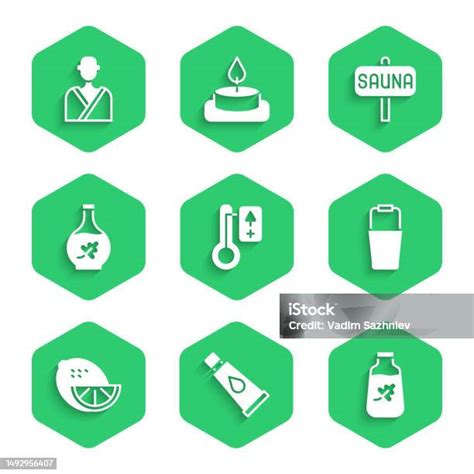 사우나 온도계 크림 또는 로션 화장품 튜브 에센셜 오일 병 양동이 레몬 및 사우나 아이콘에 남자를 설정합니다 벡터 감귤류 과일에