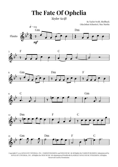 The Fate Of Ophelia By Taylor Swift Sheet Music For Flute Solo Arr