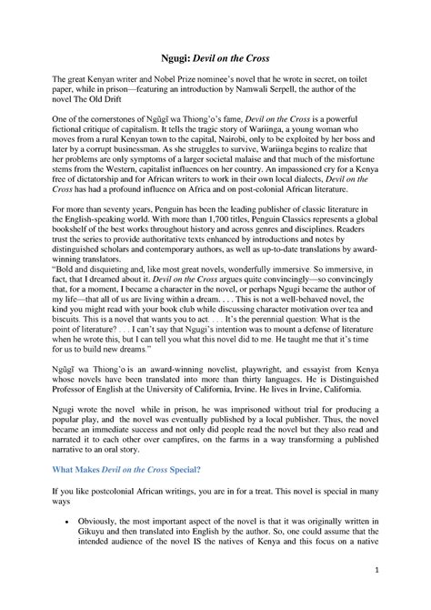 Ngugi Class Notes Ngugi Devil On The Cross The Great Kenyan Writer