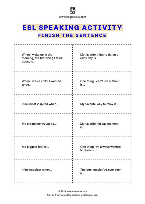 Esl Speaking Activity — Finish The Sentence