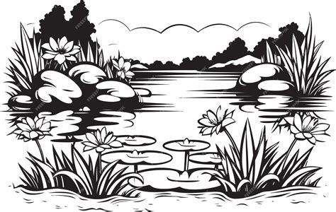 Premium Vector A Black And White Drawing Of A Pond With Water Lilies