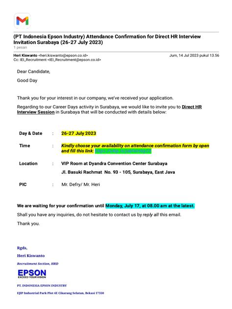 Gmail Pt Indonesia Epson Industry Attendance Confirmation For Direct Hr Interview Invitation