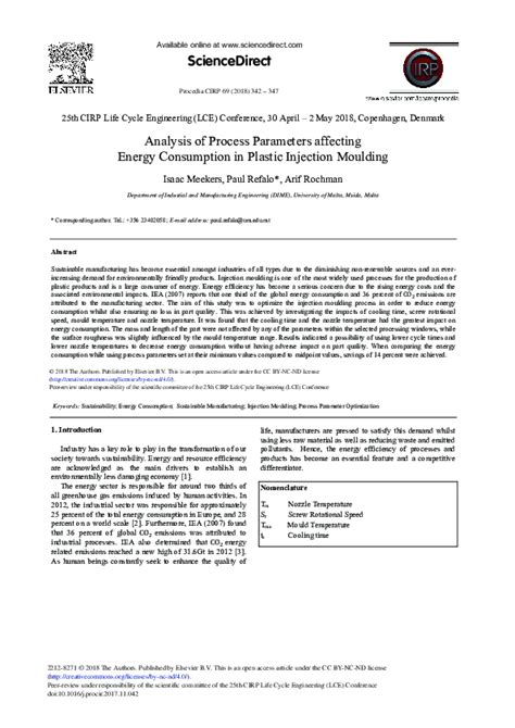 Pdf Analysis Of Process Parameters Affecting Energy Consumption In Plastic Injection Moulding