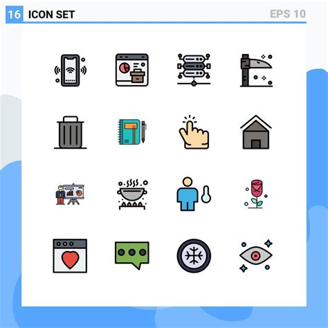 Mobile Interface Flat Color Filled Line Set Of 16 Pictograms Of Garbage Scythe Report Holiday