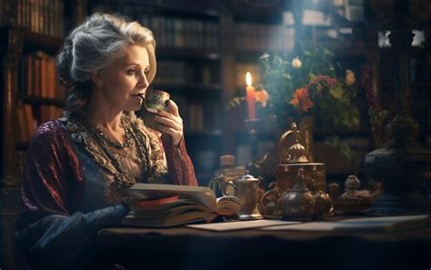 Premium Photo Serene Library Sip For Mature Woman
