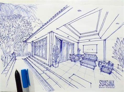 Suasana Perspective Drawing Exterior Design Sketch Lukisan Arsitektur Sketsa Arsitektur