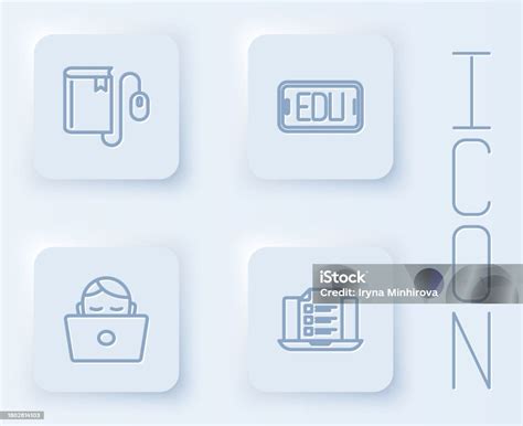 마우스가 있는 전자 책 온라인 교육 학생 작업 노트북 및 퀴즈 테스트 설문 조사를 설정합니다 흰색 사각형 버튼입니다 벡터 가공의