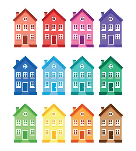 12 Simple Colored Houses On A White Background Building Red House Yellow And Green Blue And