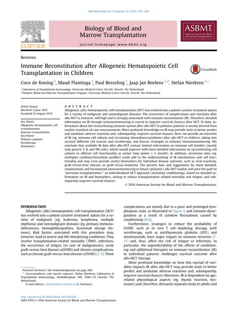 Pdf Immune Reconstitution After Allogeneic Hematopoietic Cell