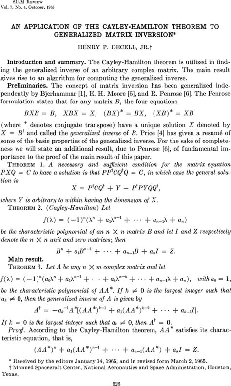 An Application Of The Cayley Hamilton Theorem To Generalized Matrix