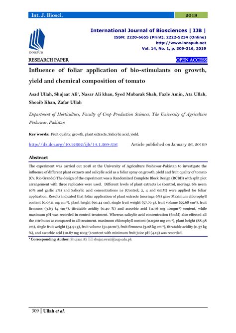 Full Article Influence Of Foliar Application Of Bio Stimulants On Growth Yield And Chemical