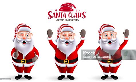 산타 클로스 크리스마스 캐릭터 벡터 세트 산타 클로스 3d 문자는 Smas 시즌 컬렉션에 대한 서 흔들며 괜찮은 제스처와 행복한 얼굴 표정에 문자를 표시합니다 크리스마스에
