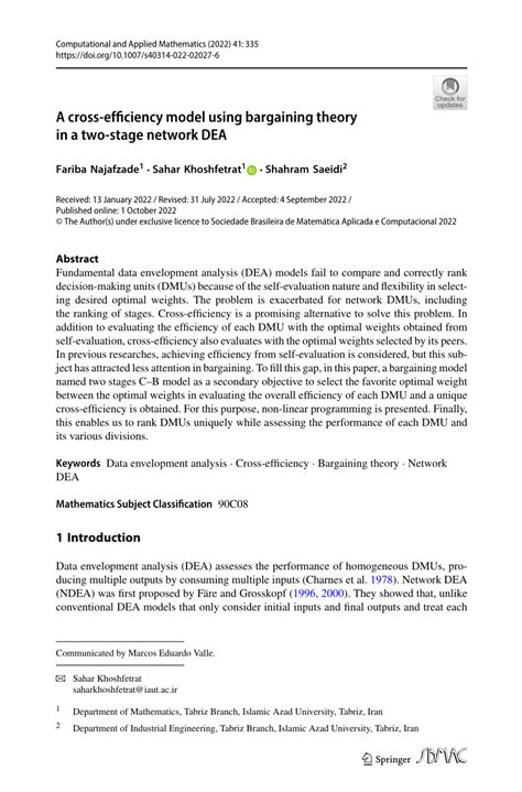 Pdf A Cross Efficiency Model Using Bargaining Theory In Two Stage
