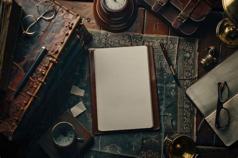 The Notebook Is Next To Other Accessories In The Middle Is A Blank Notepad Page For Typing