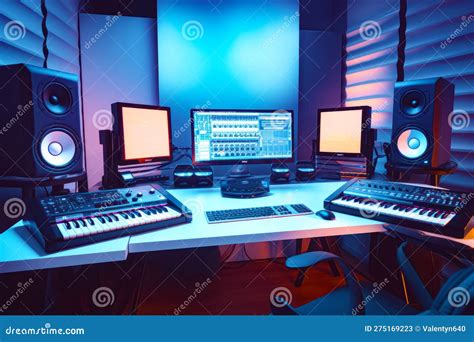 Desk With Two Monitors Keyboard Mouse And Keyboard Generative Ai Stock Image Image Of