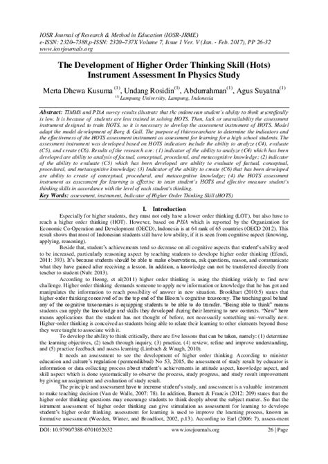 Pdf The Development Of Higher Order Thinking Skill Hots Instrument