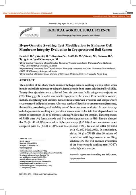 Pdf Hypo Osmotic Swelling Test Modification To Enhance Cell Membrane Integrity Evaluation In