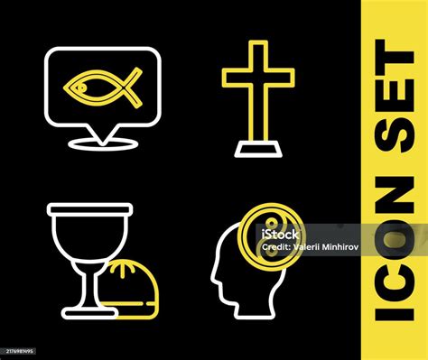 세트 라인 기독교 십자가 음양 성배 또는 성배와 물고기 아이콘 벡터 0명에 대한 스톡 벡터 아트 및 기타 이미지 0명 교회 균형 Istock