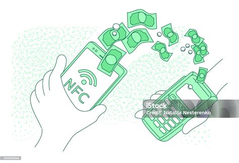 모바일 결제 단말기 씬 라인 컨셉 벡터 일러스트레이션 웹 디자인용 스마트폰 2d 만화 캐릭터로 결제하는 사람 Nfc 급여 송금