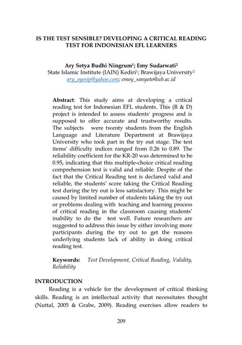 PDF Is The Test Sensible Developing A Critical Reading Test For Indonesian EFL Learners